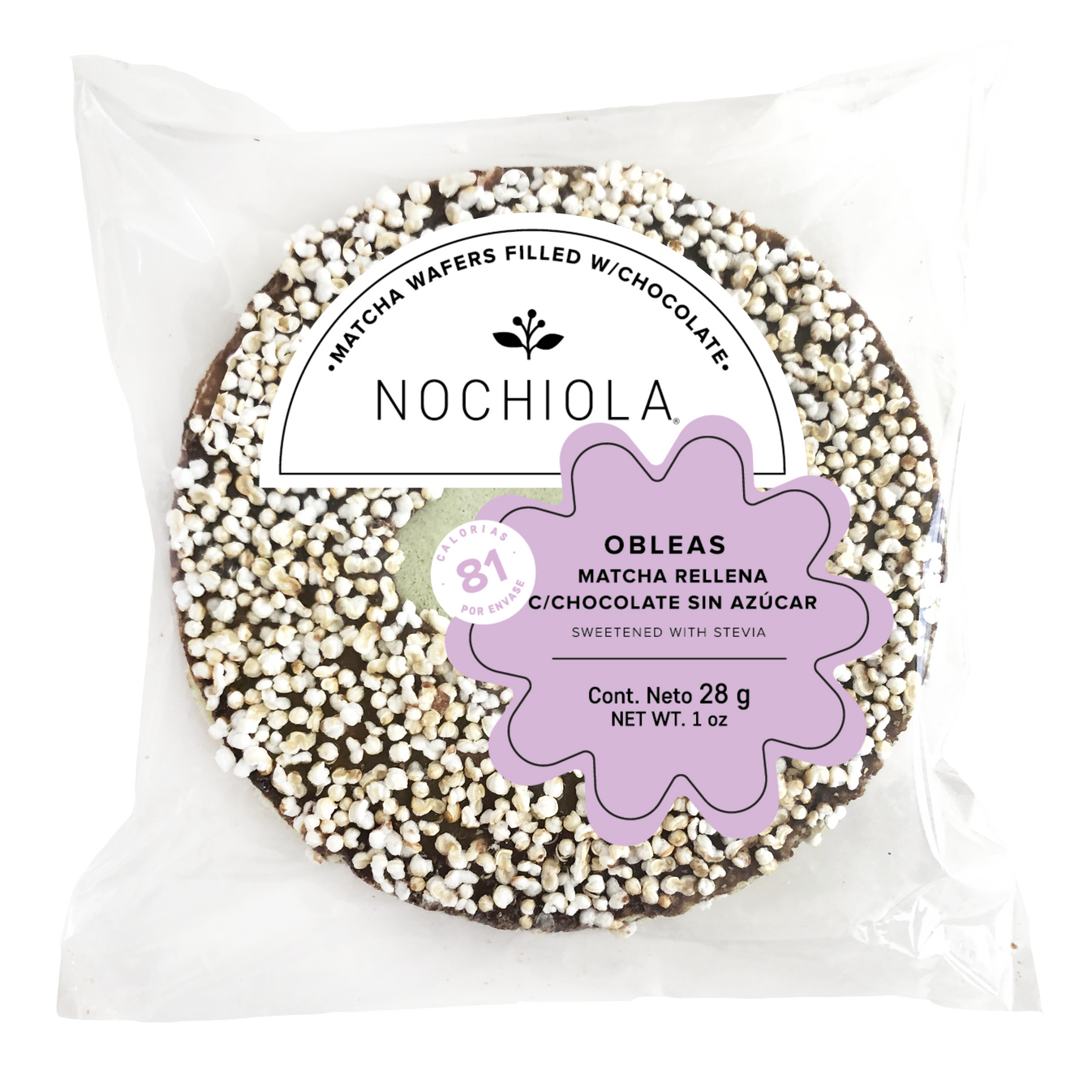 Obleas de Matcha rellena de Chocolate sin azúcar 28g – Nochiola